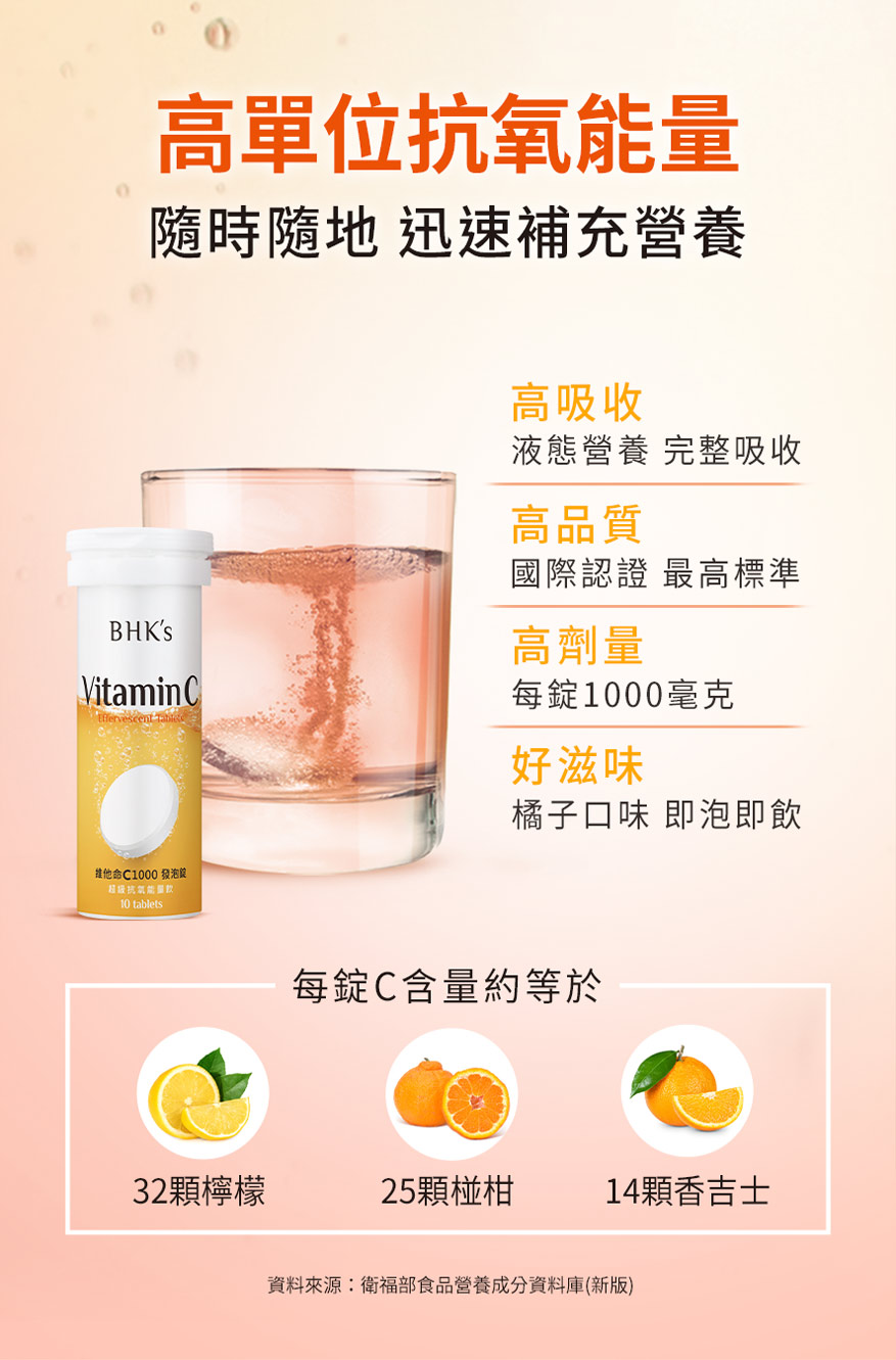 BHK's Vitamin C 1000 Effervescent Tablets (Orange Flavor) (3 tubes/packet; 10 tablets/tube ...